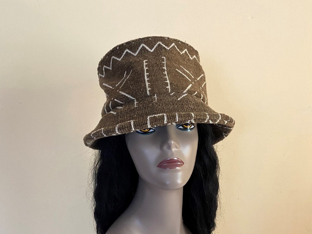 Women's Mud Cloth Hat, Brown Medium Brim Cloche, Handmade Hat, Mudcloth ...