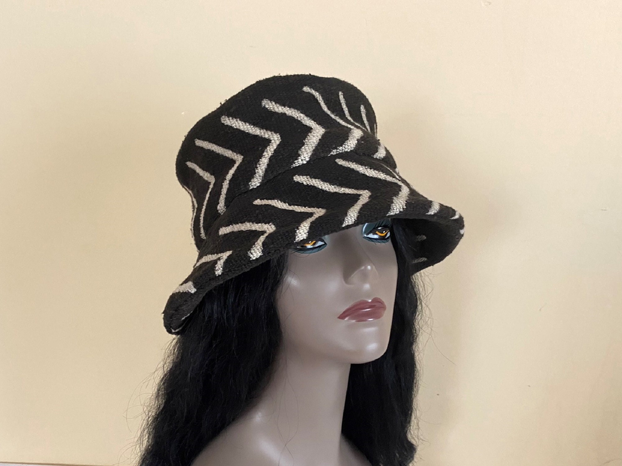 Women's Mud Cloth Hat Black Large Brim Cloche Handmade - Etsy