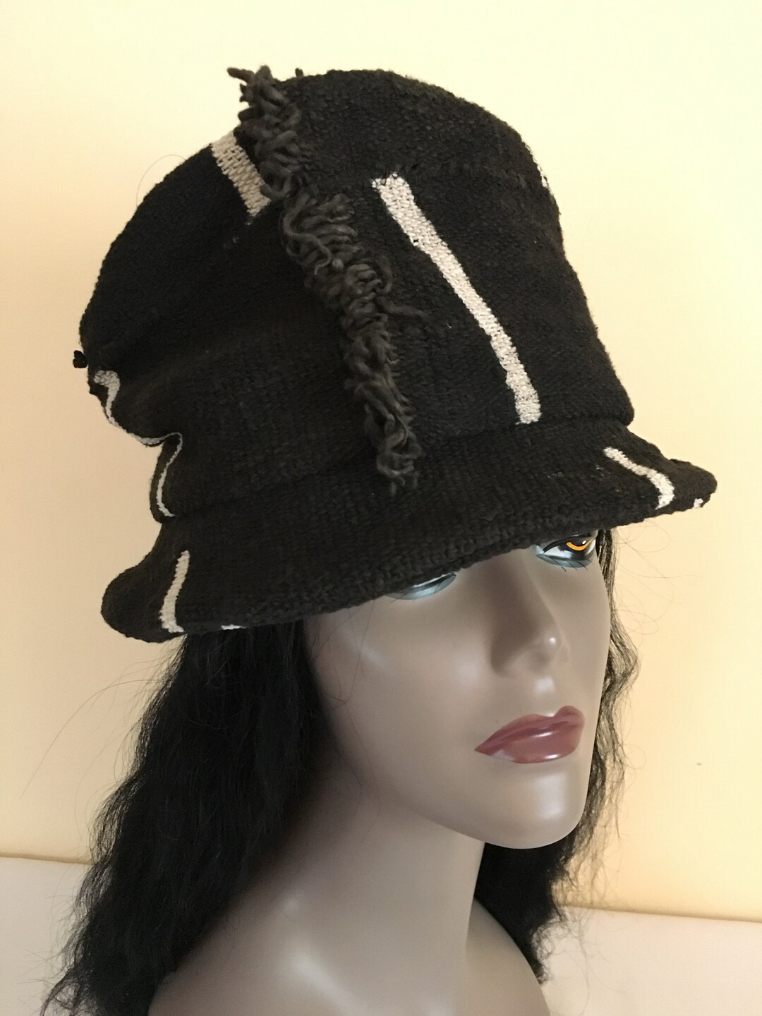 Women's Mud Cloth Hat, Black Medium Brim Cloche, Handmade Hat, Mudcloth ...
