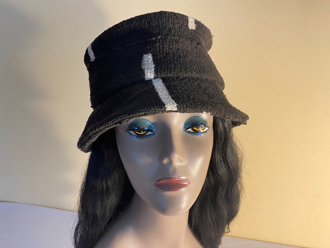 Women's Mud Cloth Hat, Black Medium Brim Cloche, Handmade Hat, Mudcloth ...