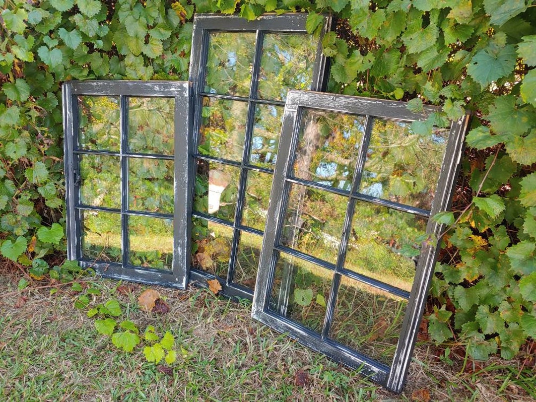 Antique Window Sash Frames, Beautiful Set of 3 Black Distressed Rustic ...