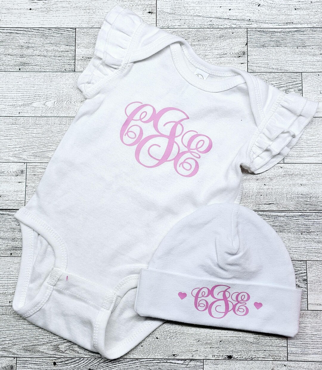 Monogram Baby Onesie and Hat Heart Arrow Ruffle New Baby Pink Cute New ...
