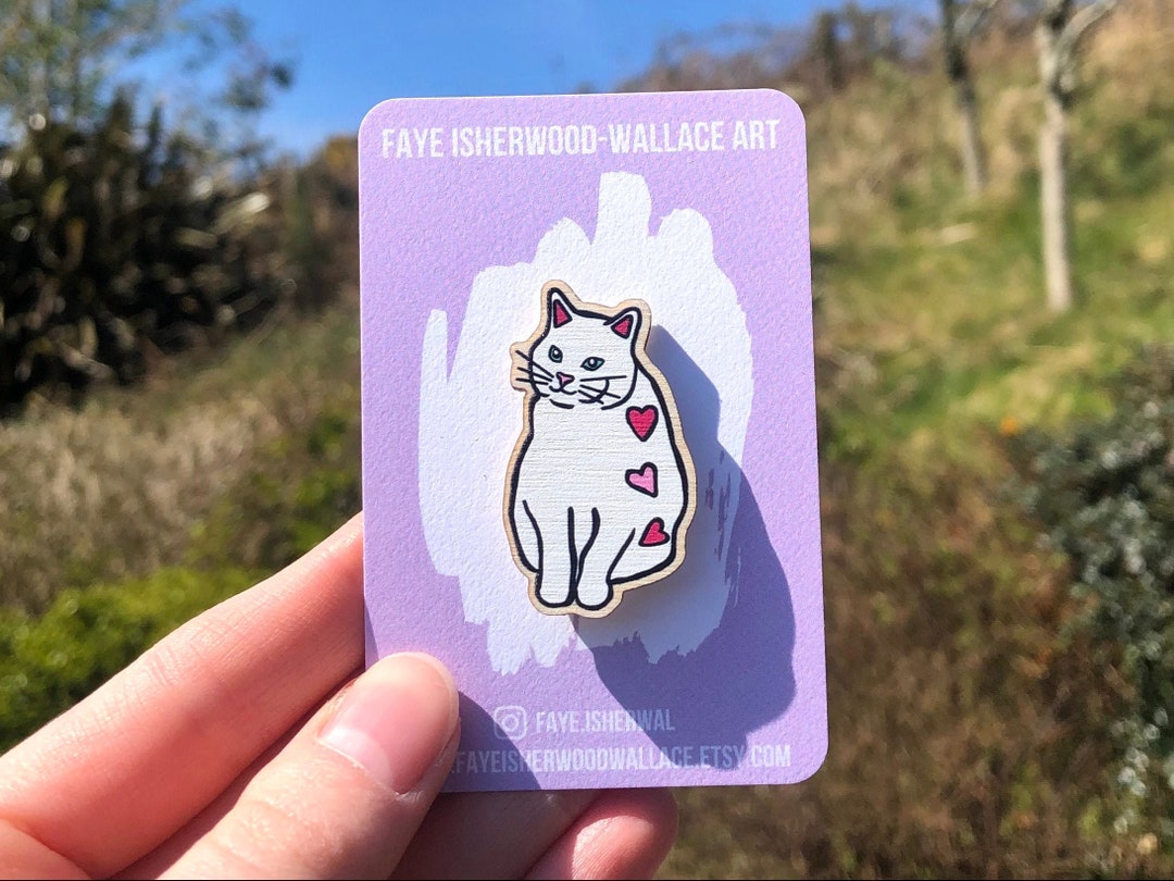 Cat Wooden Badge, Cat Pin, Wooden Pin, Kitten, White Cat Pin Badge ...