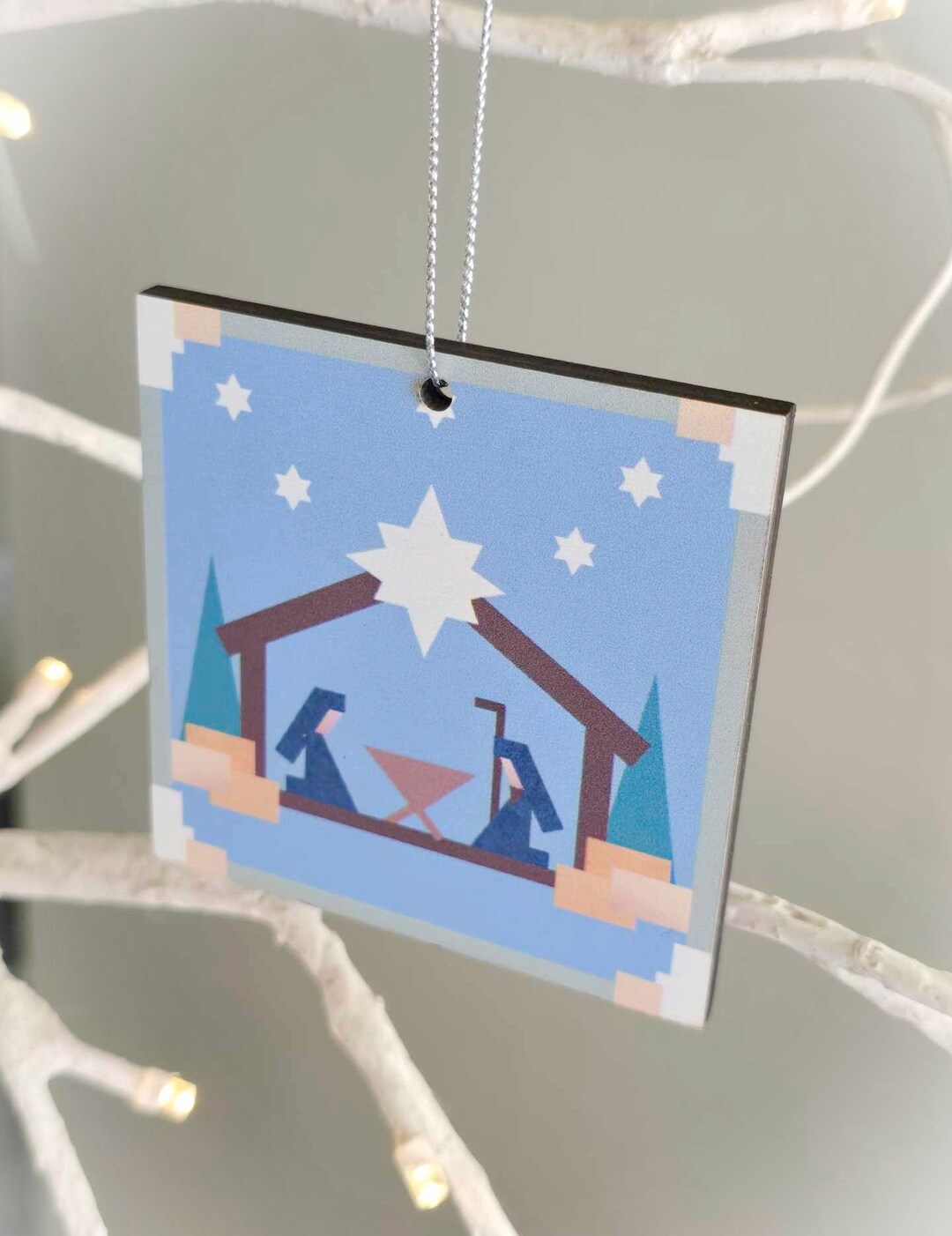 Manger Nativity Scene Traditional Christmas Tree Blue Ornaments 6 Count ...