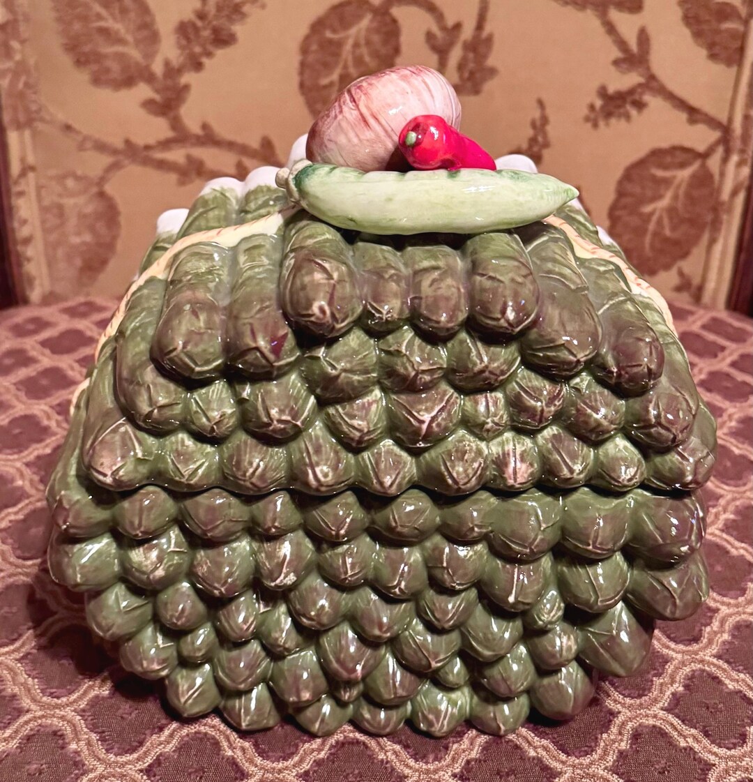 Vintage Ceramic Asparagus Design Covered Dish W/vegetables Lid Majolica ...