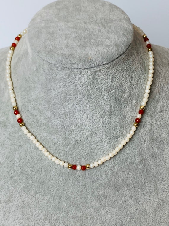 Vintage Avon Faux Pearl and Red and Gold Bead Necklace - Gem