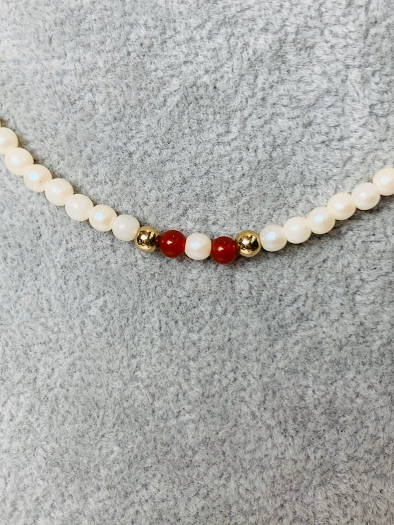 Vintage Avon Faux Pearl and Red and Gold Bead Necklace - Gem
