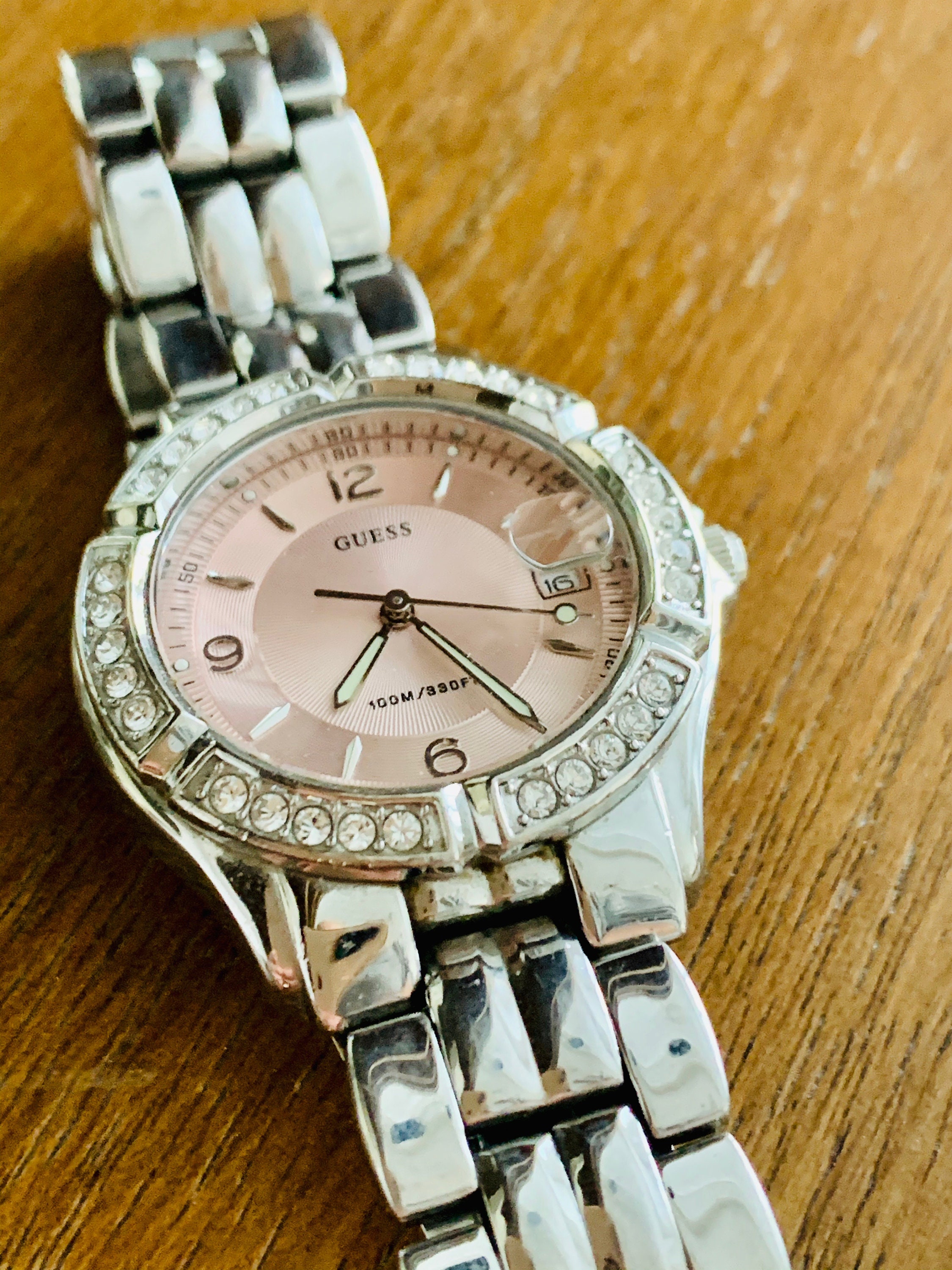Vintage Guess Chunky Silver Tone Watch With Rhinestone Bezel Pale Pink ...