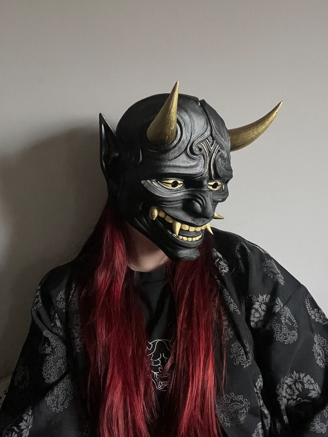 Black and Gold Wearable Oni Mask, Hannya Mask, Japanese Decoration ...