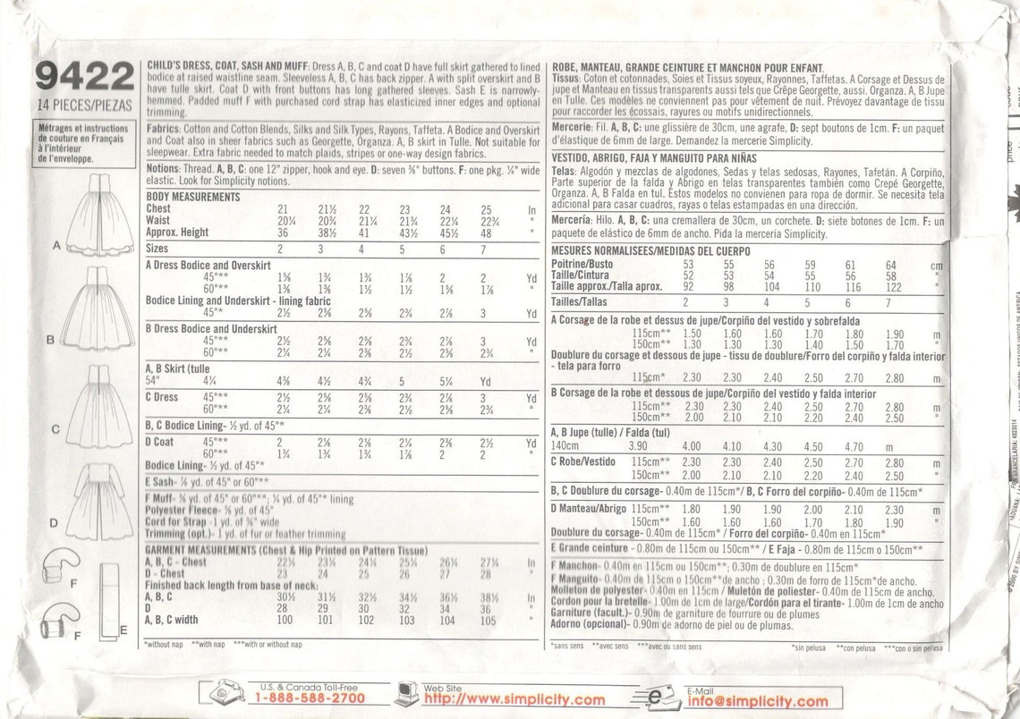 Simplicity 9422 Sewing Pattern Girls' Dress Coat Sash - Etsy