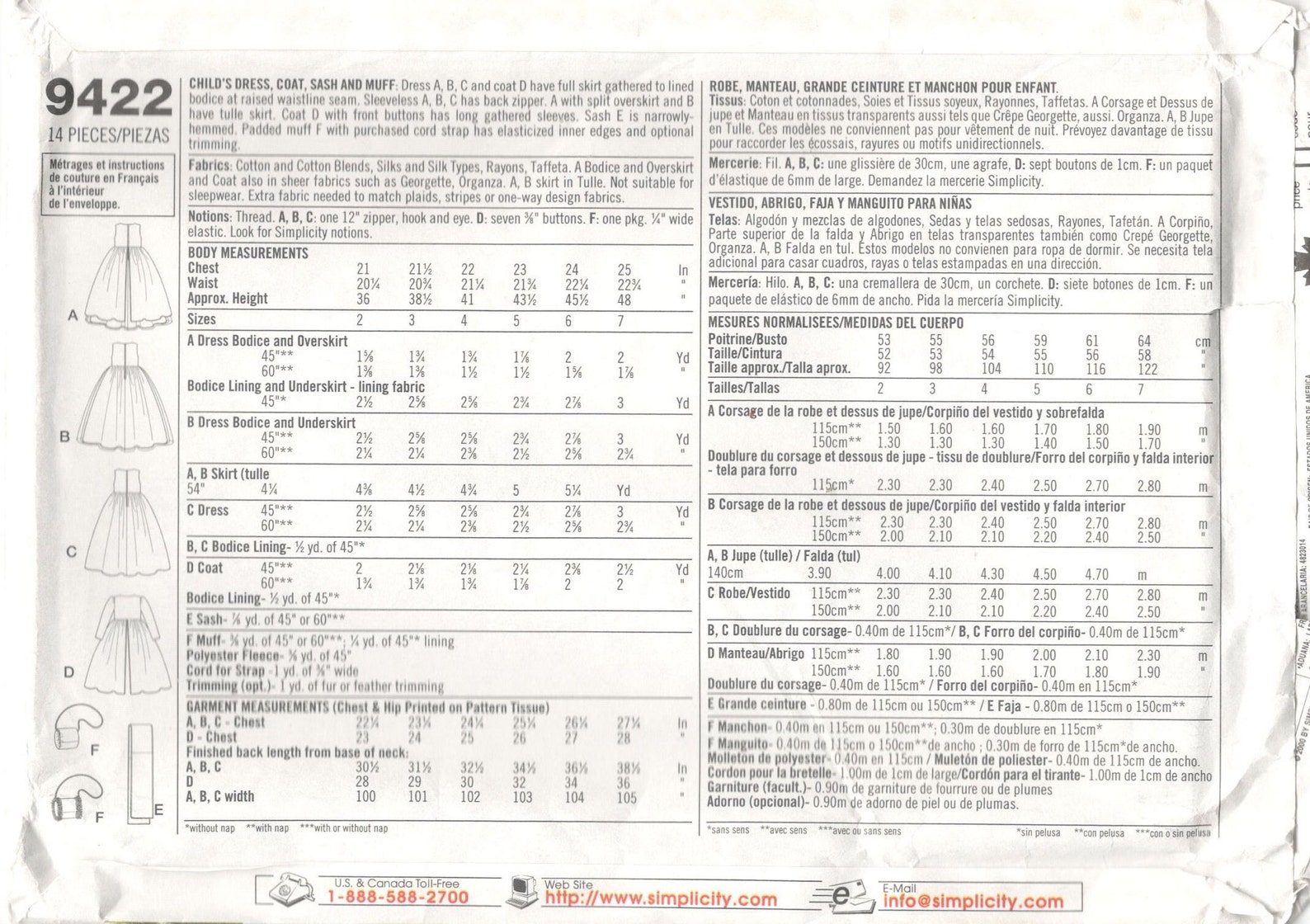 Simplicity 9422 Sewing Pattern Girls' Dress Coat Sash | Etsy