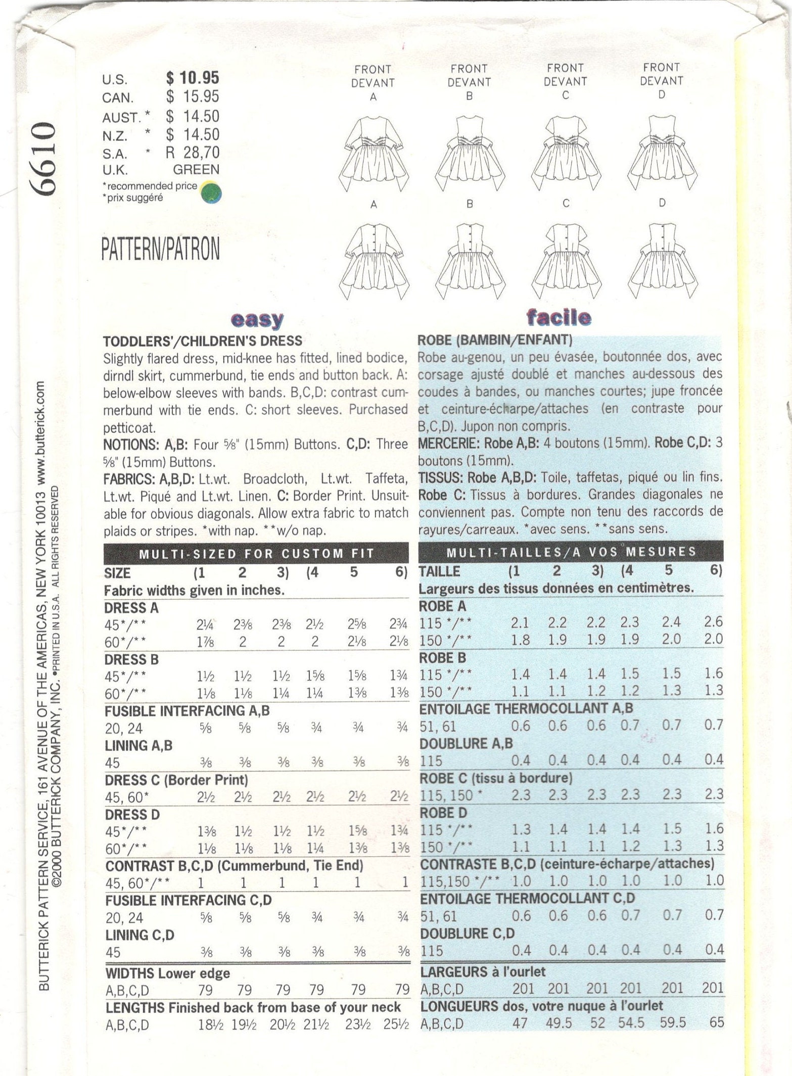 Butterick 6610 Sewing Pattern Toddler's/children's | Etsy