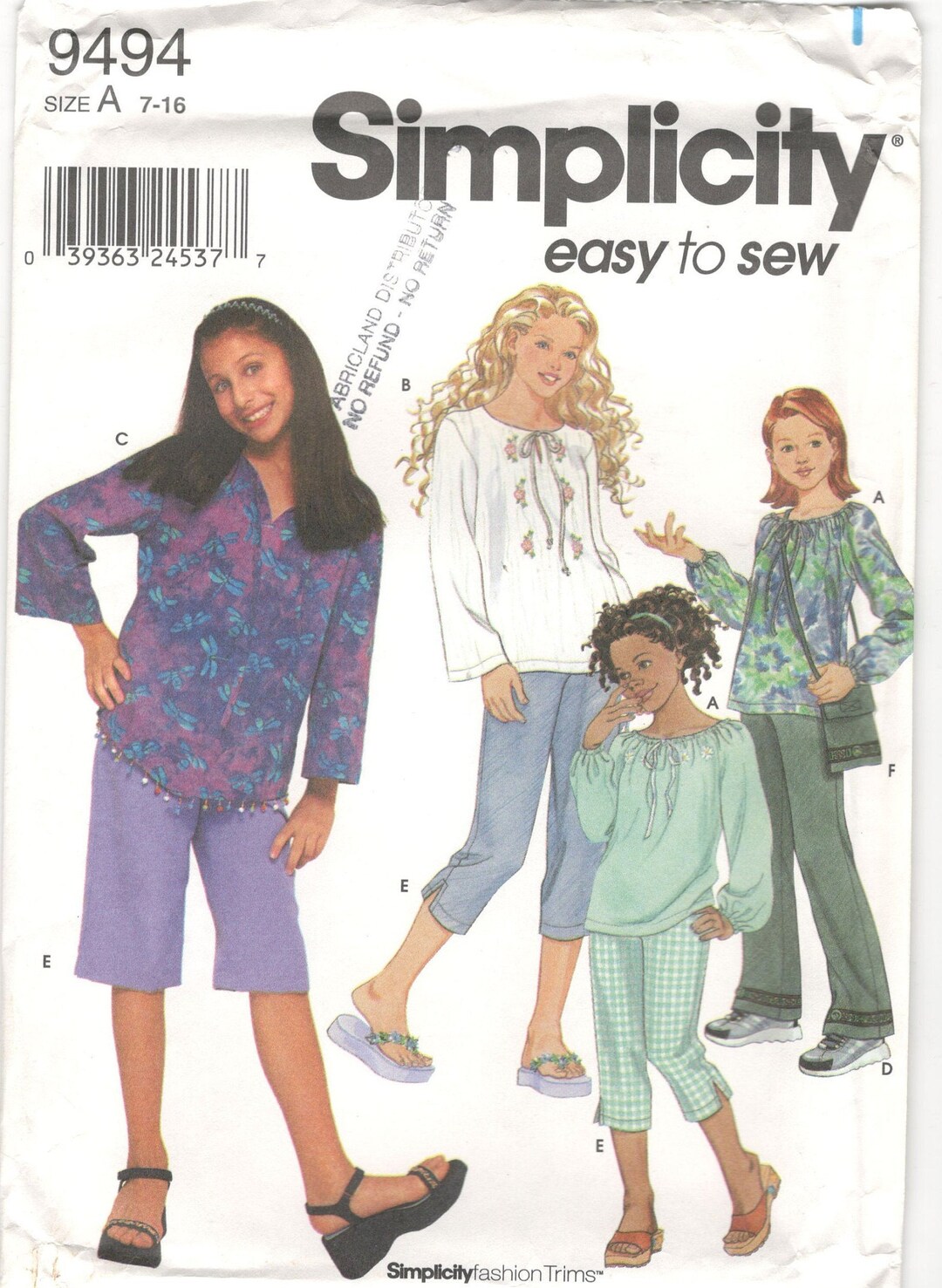 Simplicity 9494 Sewing Pattern Girls' Tops Pants in Two - Etsy