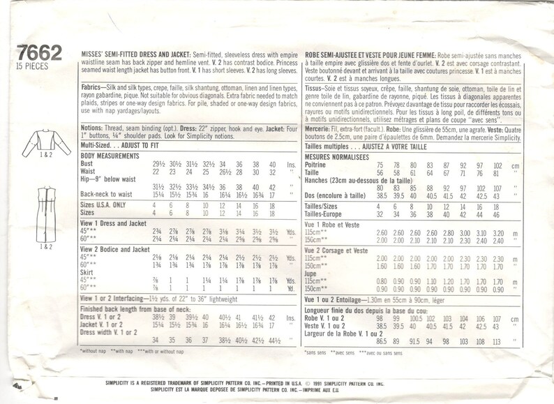 Simplicity 7662 Vintage Sewing Pattern Misses Slim Fitted | Etsy