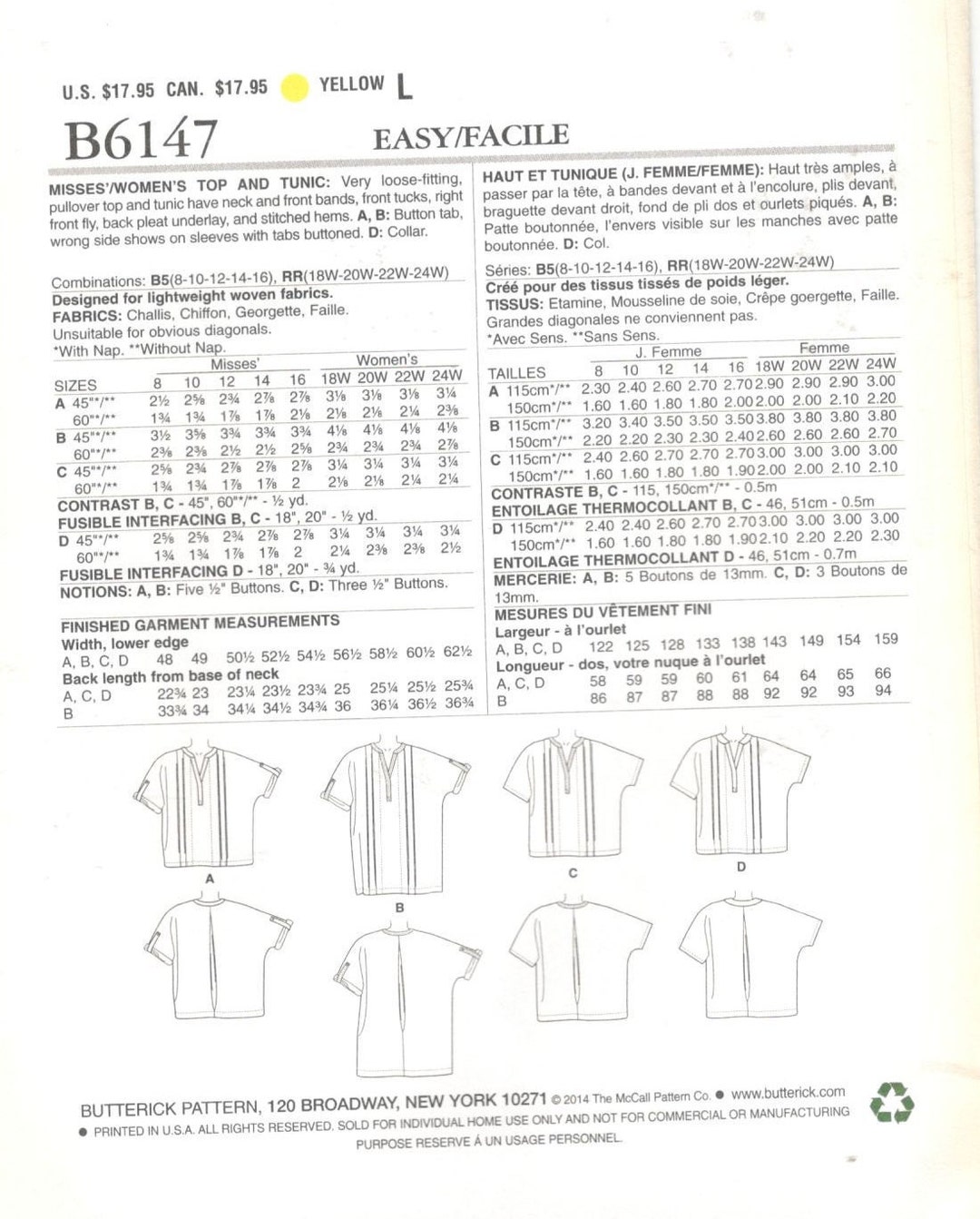 Uncut Butterick B6147 Sewing Pattern, Misses'/women's Top and Tunic ...