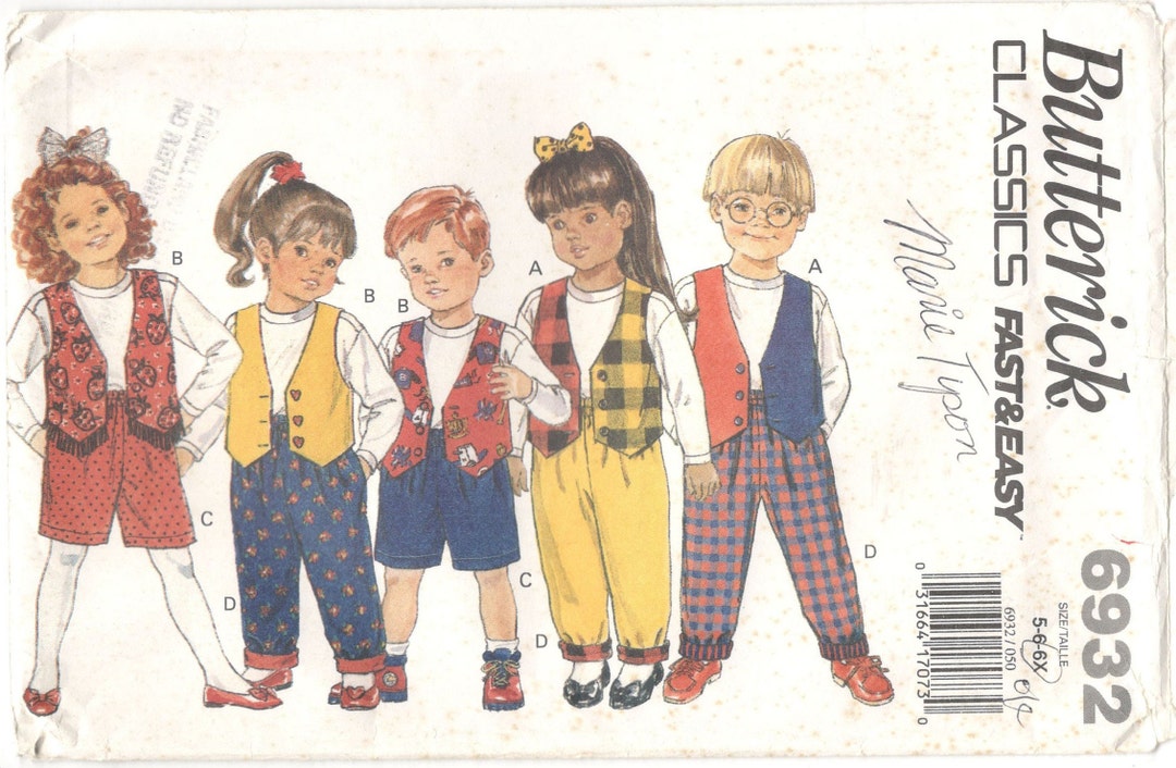 Butterick 6932 Children's Girls Boys Vest, Top, Shorts & Pants Sewing ...