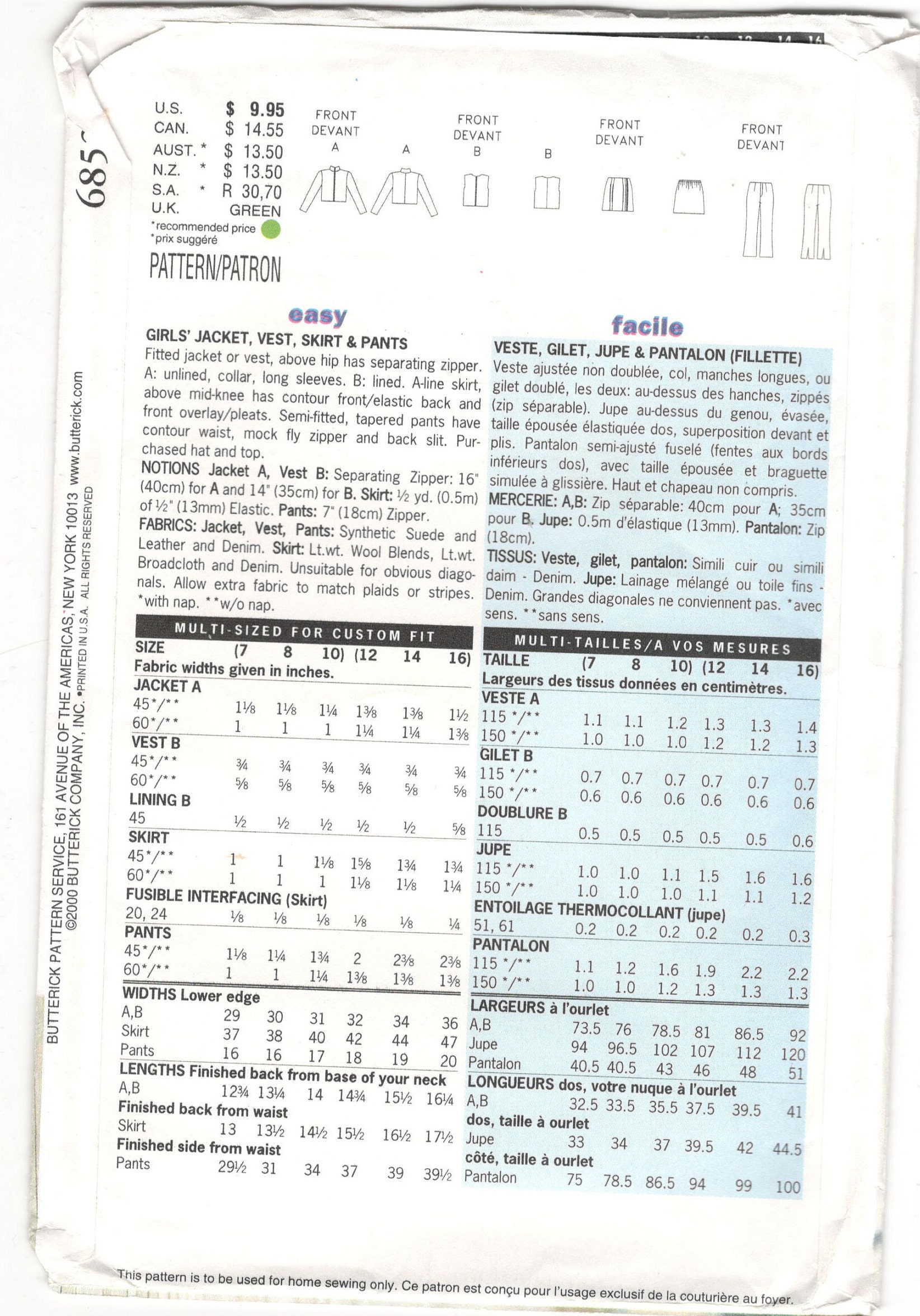 Butterick 6852 Sewing Pattern Girl's Jacket Vest Pants - Etsy