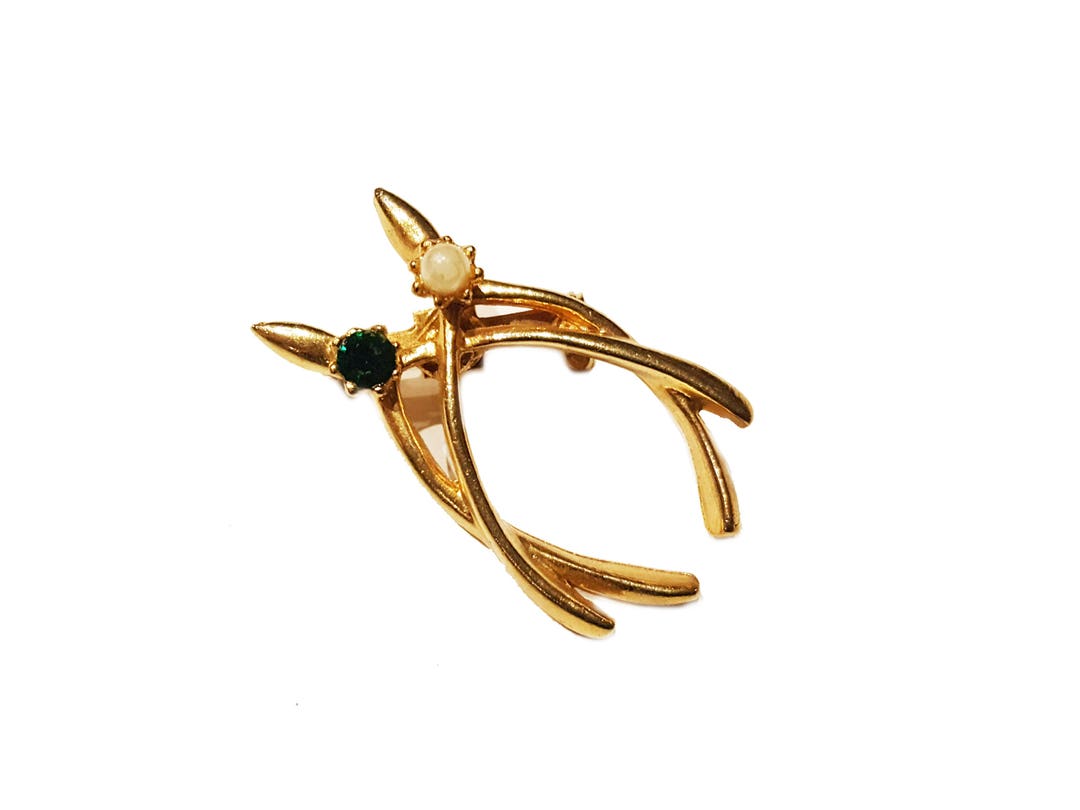 Interlocking Wishbone Vintage Brooch Gold Metal Green Rhinestone Faux ...
