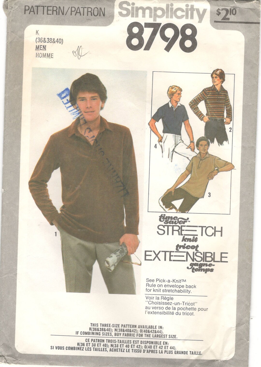Simplicity 8798 Sewing Pattern, Men's Pullover Top, Size K 36-38. 70s ...