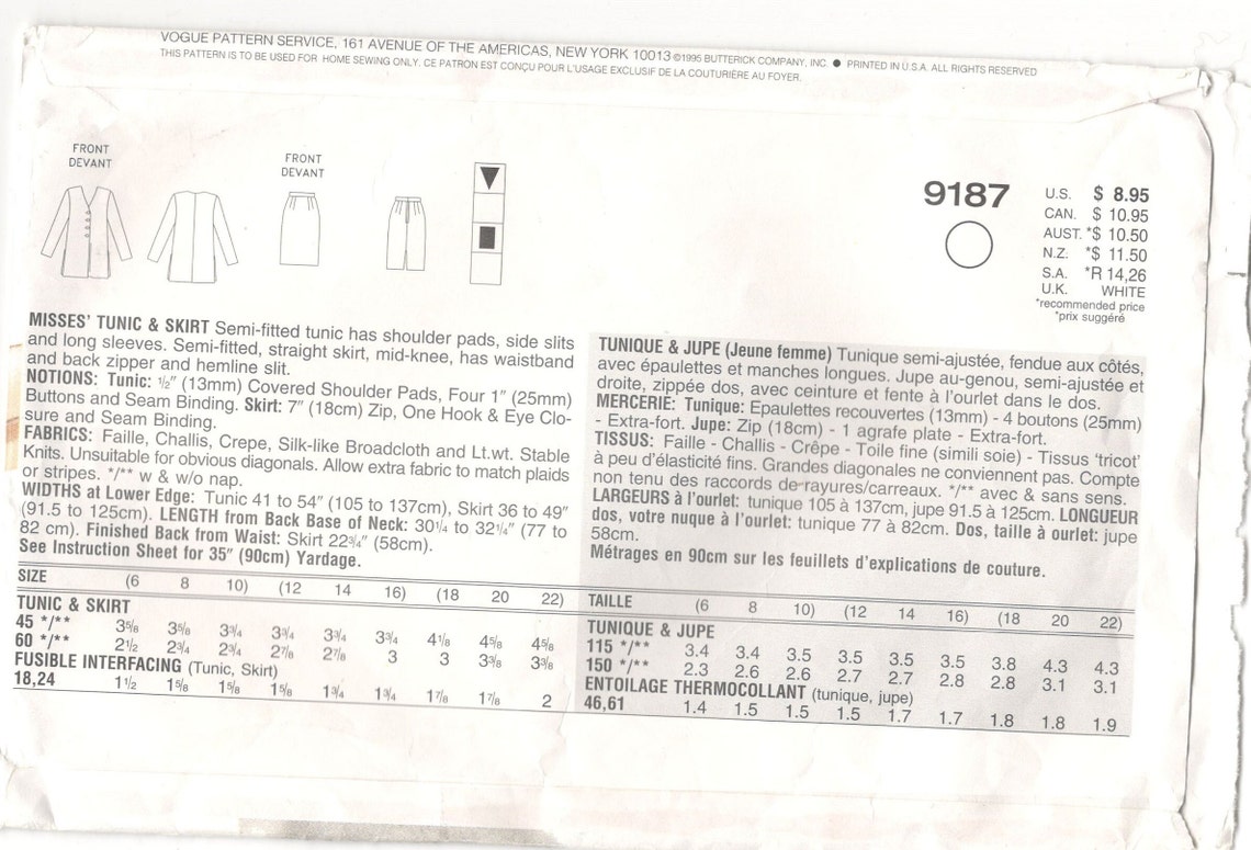 Vogue 9187 Sewing Pattern Misses' Semi-fitted Tunic and | Etsy