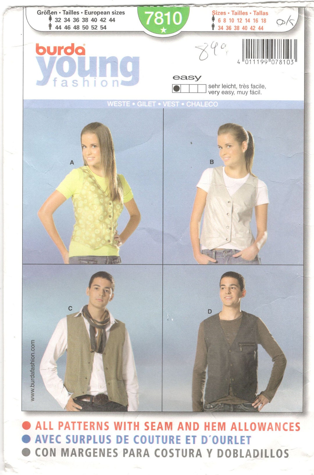 Burda 7810 Sewing Pattern, Men's and Women's Vest. Size 6-18. - Etsy