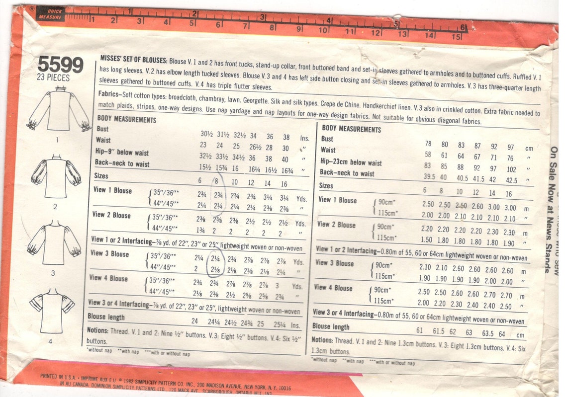 Simplicity 5599 ©1982 Misses Set of Blouses Size 8. - Etsy