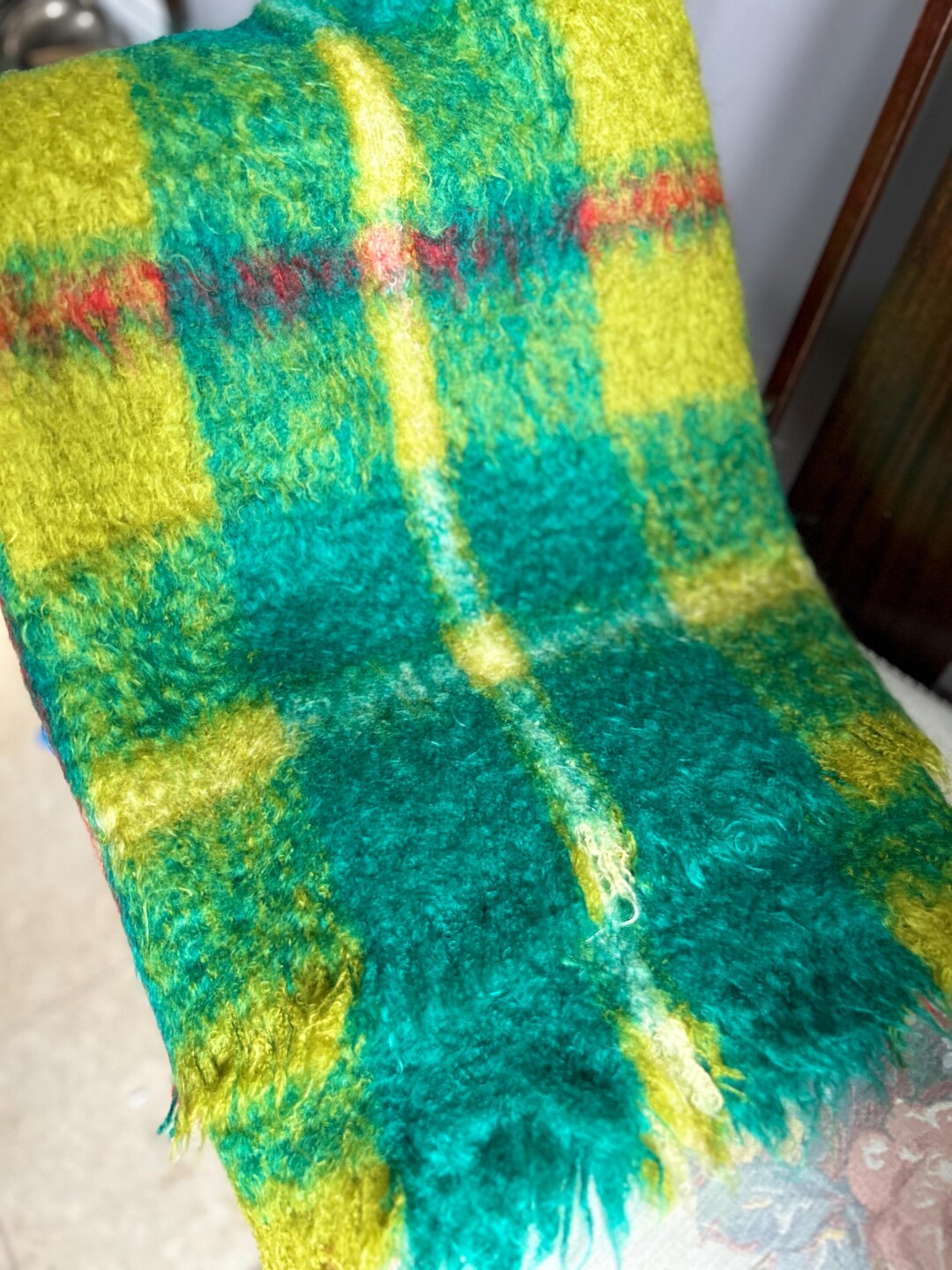 Vintage Galloway Tartan Mohair Throw Blanket, Grass Yellow and Read ...