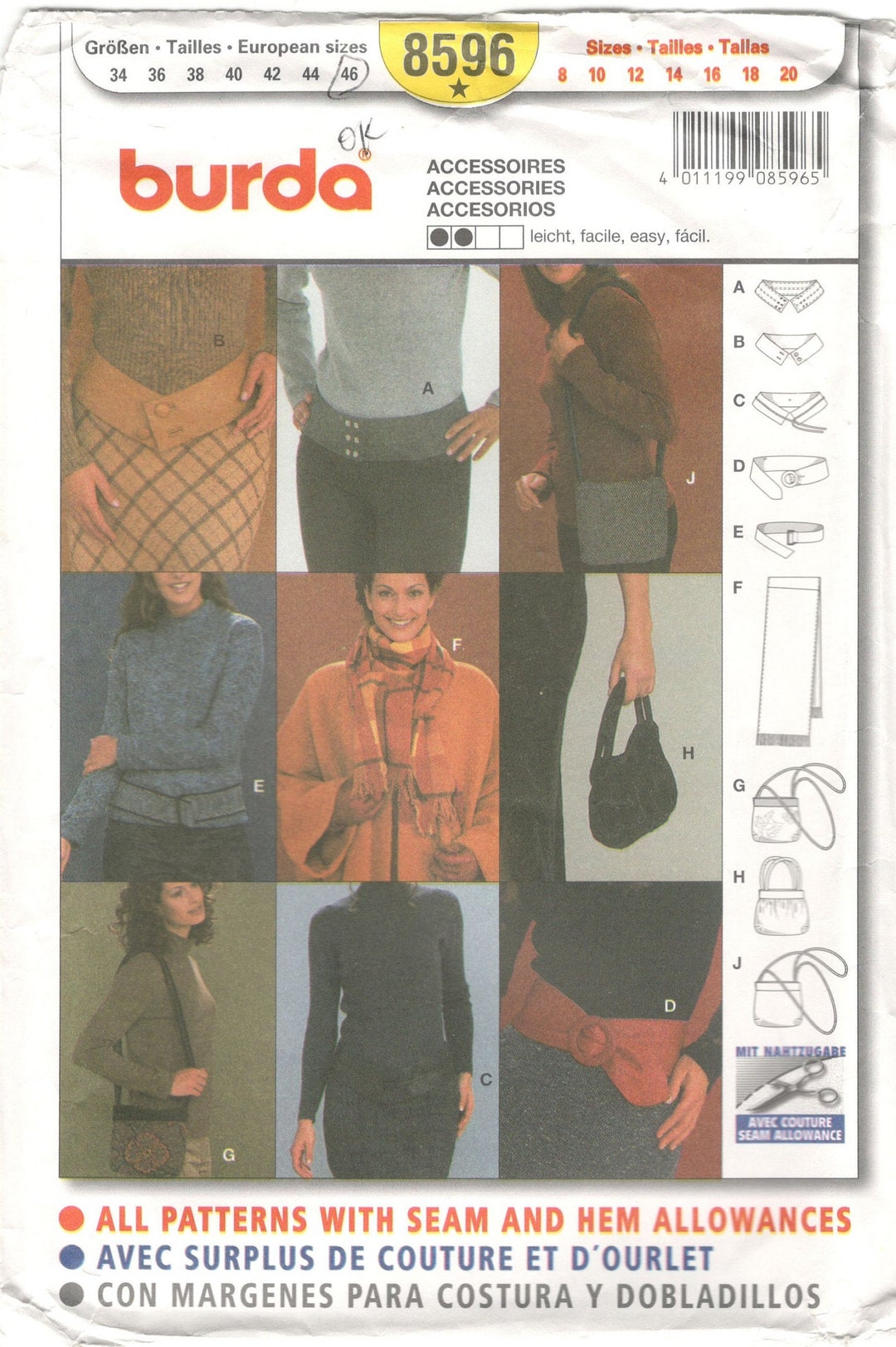 Burda 8596 Sewing Pattern, Misses' Accessories, Size 8-20, 90s Vintage ...