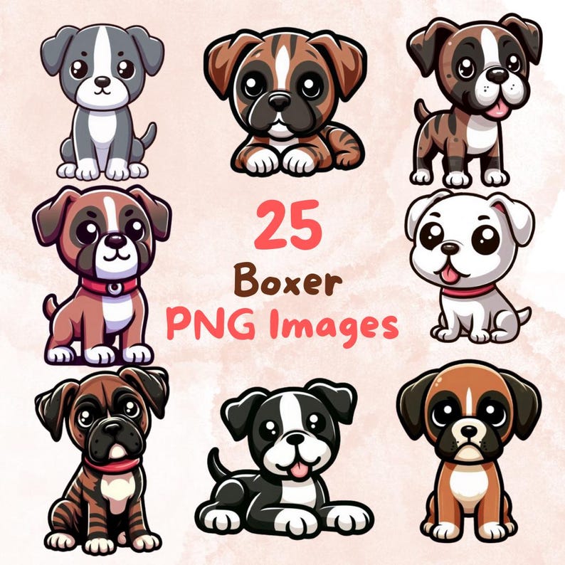 Kawaii Boxer Dog Clipart Bundle: 25 PNG Cartoon Puppy Images (digital ...