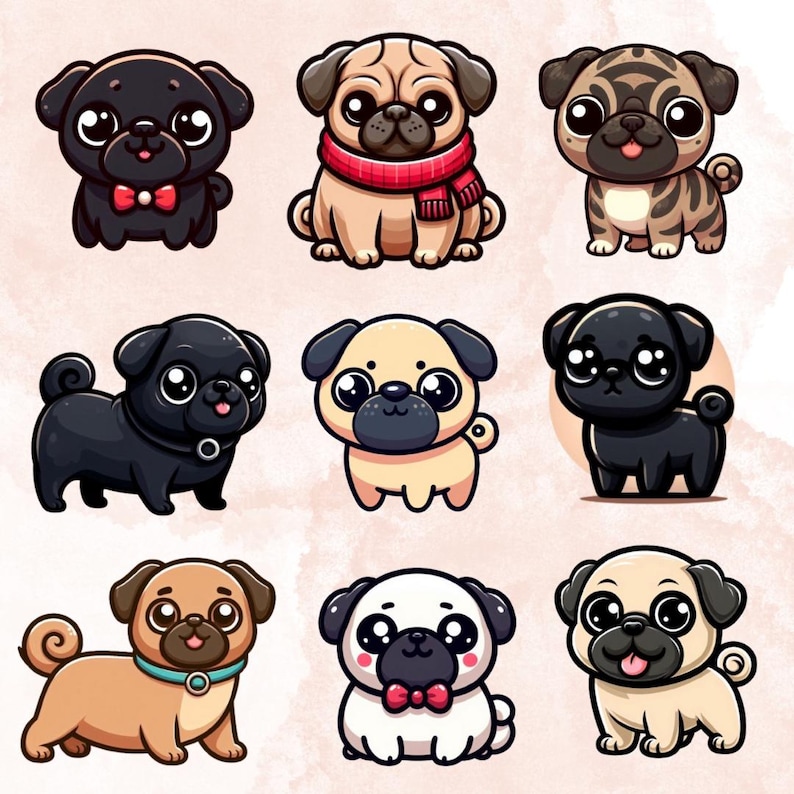 Kawaii Cute Pugs Dog Bundle, 27pcs PNG Clipart, Transparent Background ...