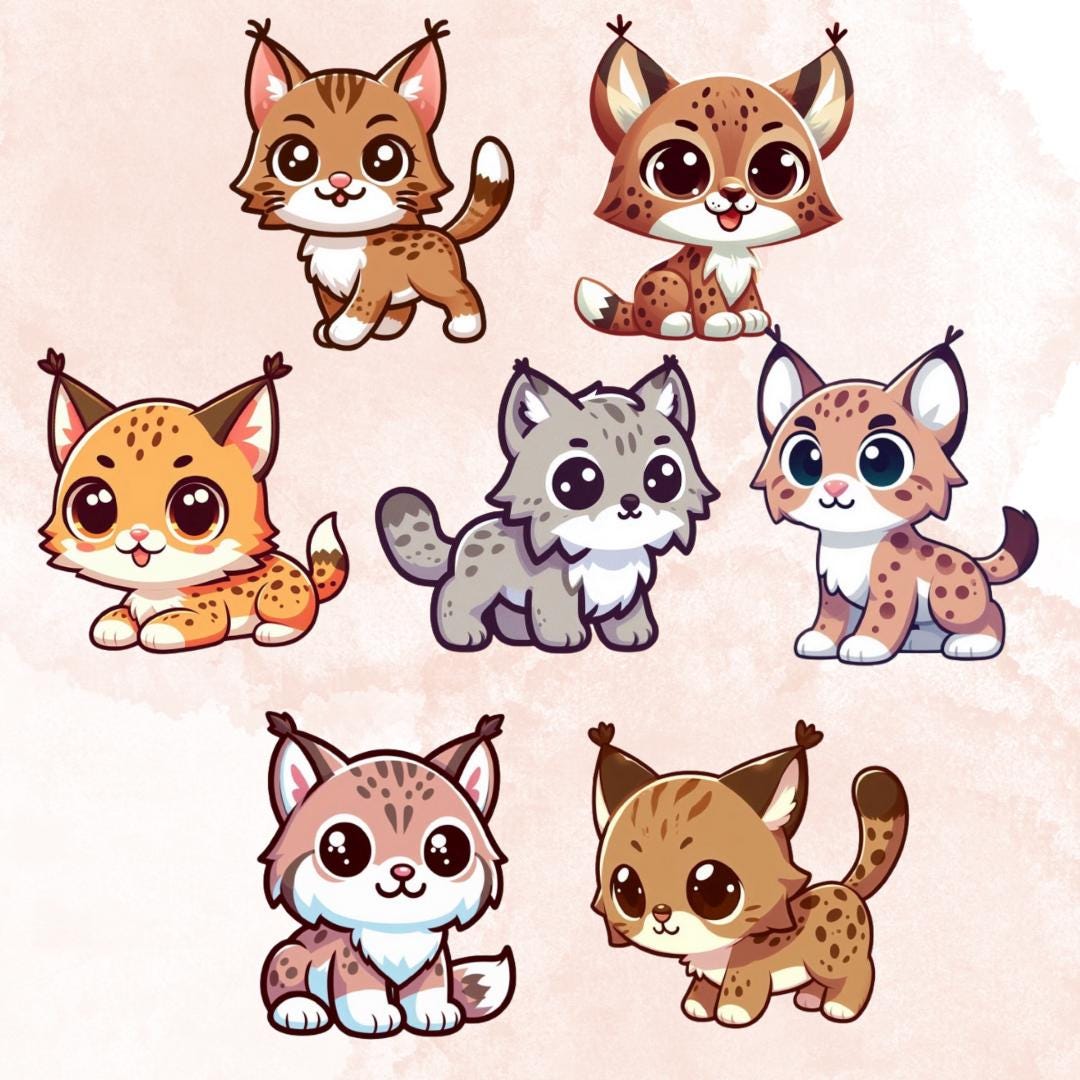 Kawaii Cute Lynx Cats Bundle, 23pcs PNG Clipart, Transparent Background ...