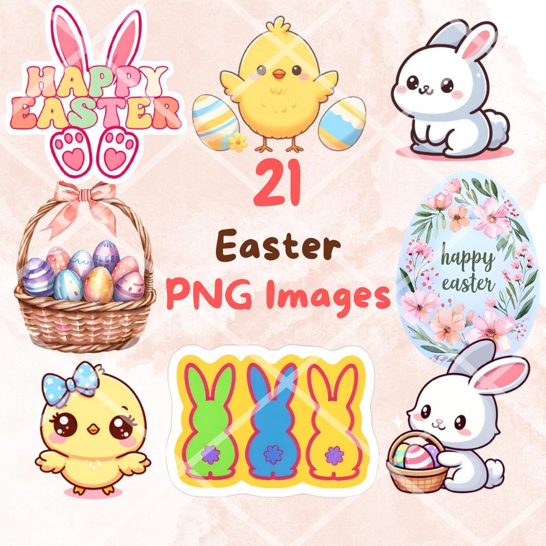 Kawaii Easter Bundle, 21pcs PNG Clipart, Transparent Background ...