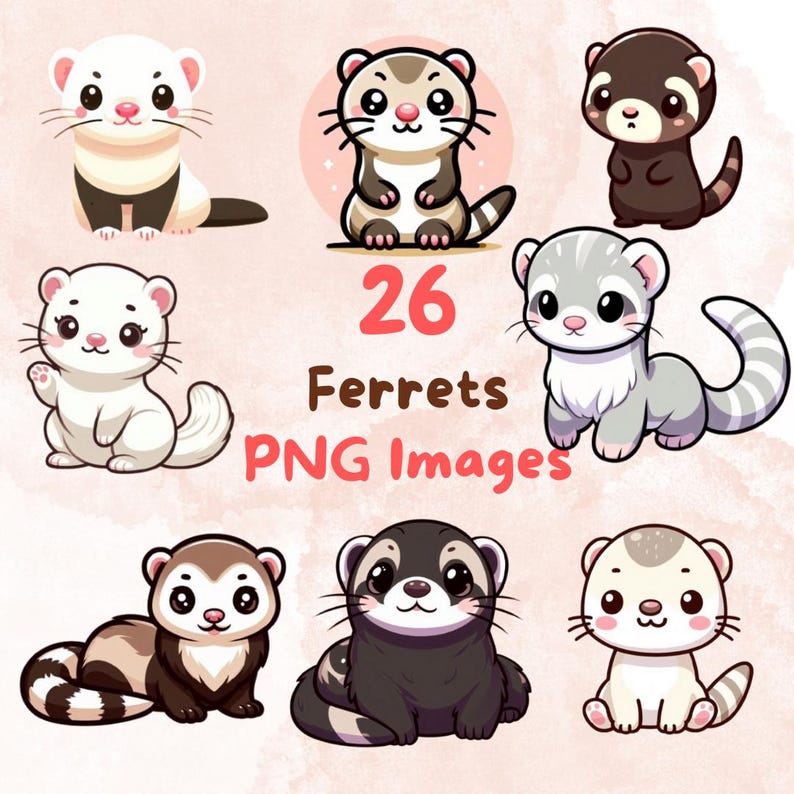 Kawaii Cute Ferrets Bundle, 26pcs PNG Clipart, Transparent Background ...