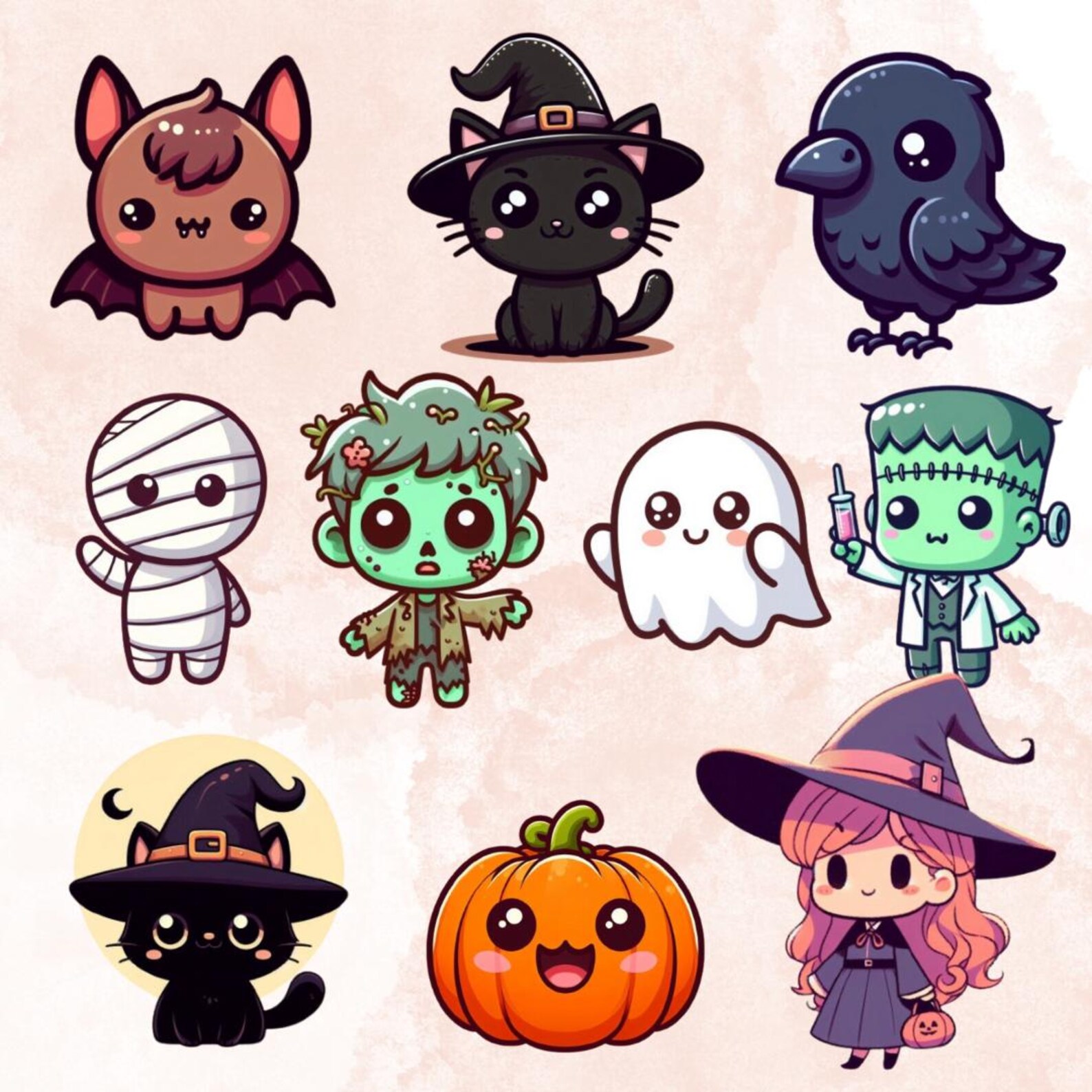 Kawaii Spooky Halloween Bundle, 27pcs PNG Clipart, Transparent ...