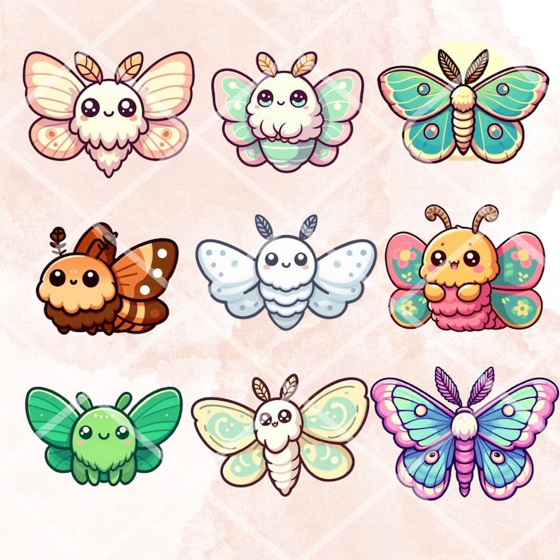 Kawaii Cute Moth Clipart Bundle, 32 PNG Clipart, Transparent Background ...