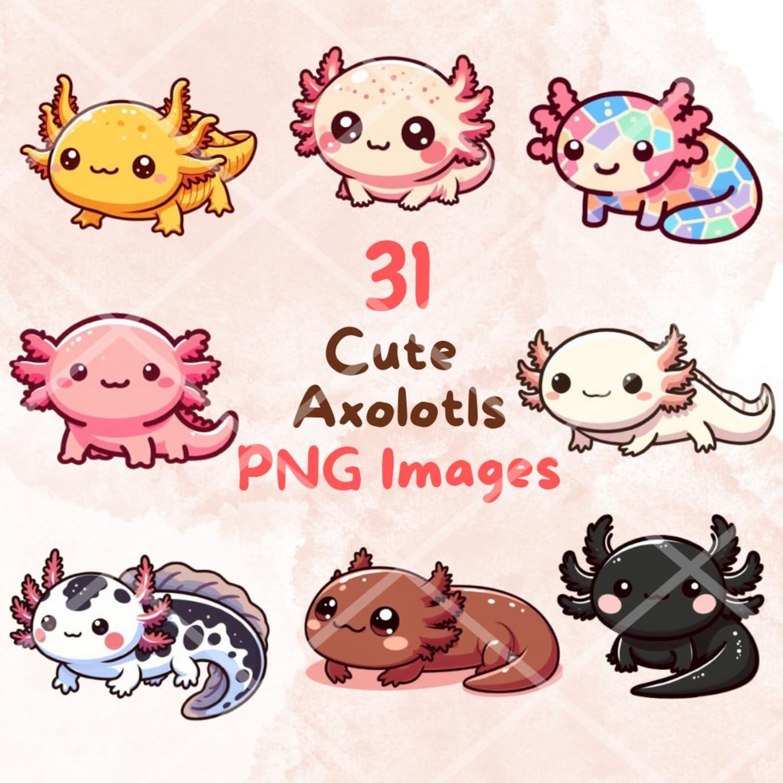 Kawaii Colorful Axolotl Bundle, 31pcs PNG Clipart, Transparent ...