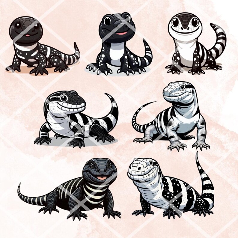 Kawaii Cute Argentine Black & White Tegu Clipart Bundle, 27 PNG Clipart ...