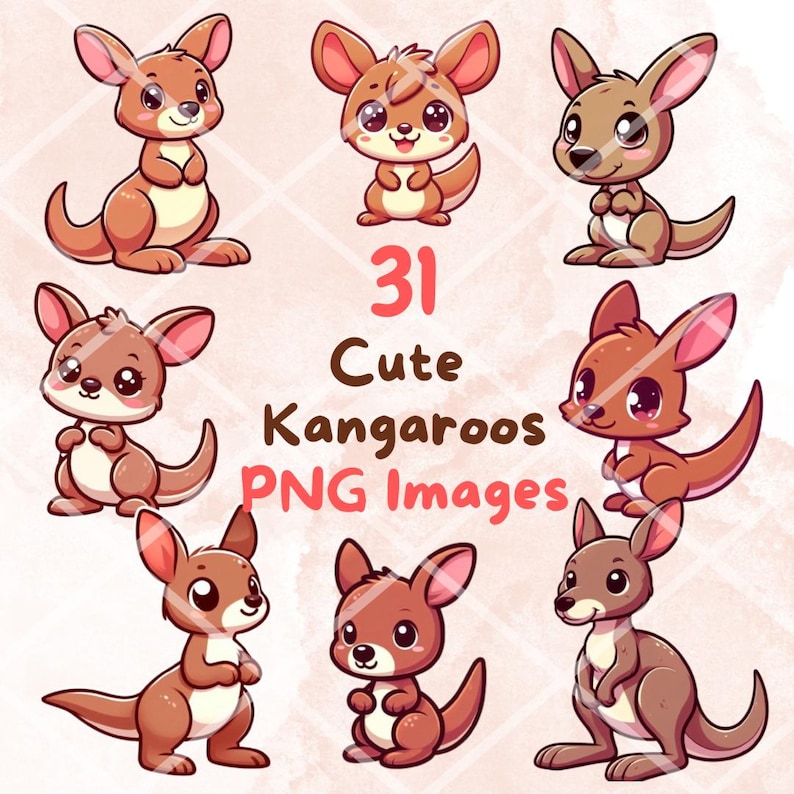 Kawaii Cute Kangaroo Clipart Bundle, 31 PNG Clipart, Transparent ...