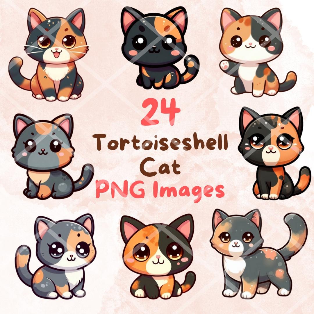 Kawaii Tortoiseshell Calico Cats Bundle, 24pcs PNG Clipart, Transparent ...