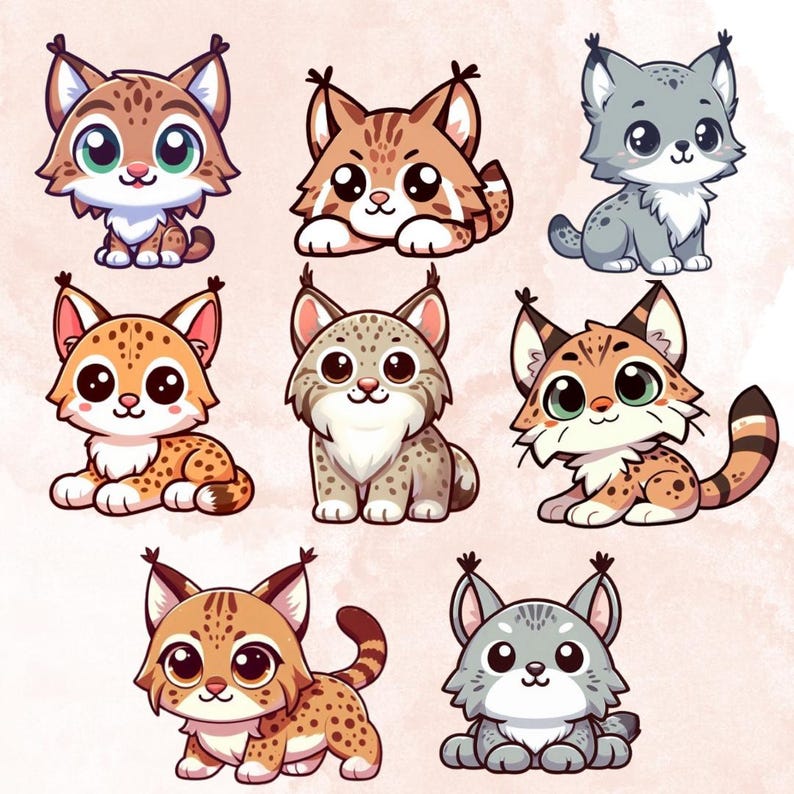 Kawaii Cute Lynx Cats Bundle, 23pcs PNG Clipart, Transparent Background ...