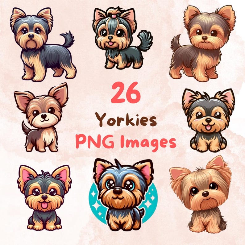 Kawaii Yorkshire Terrier Clipart Bundle: 26 PNG Cartoon Dog Stickers ...