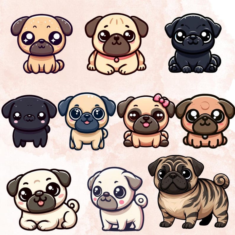 Kawaii Cute Pugs Dog Bundle, 27pcs PNG Clipart, Transparent Background ...