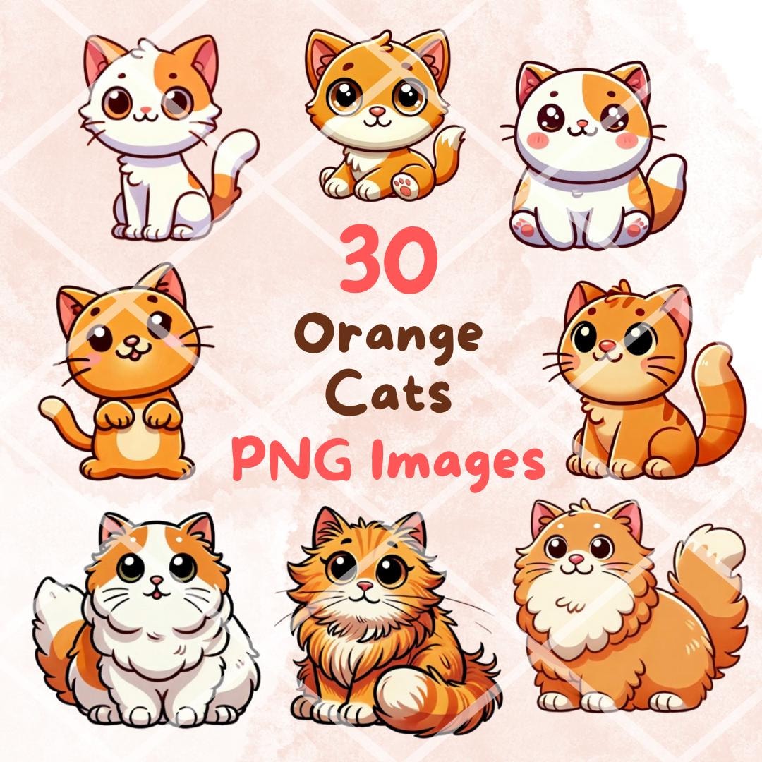Kawaii Orange Cat Clipart Bundle: 30 PNG Cartoon Kitten Stickers ...