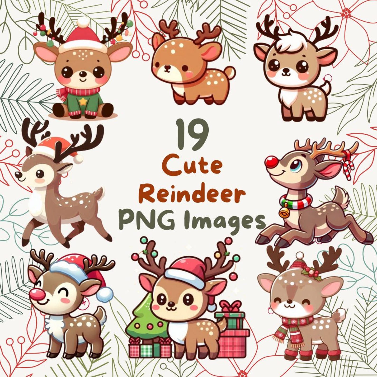 Kawaii Cute Christmas Reindeer, 19pcs PNG Clipart, Transparent ...