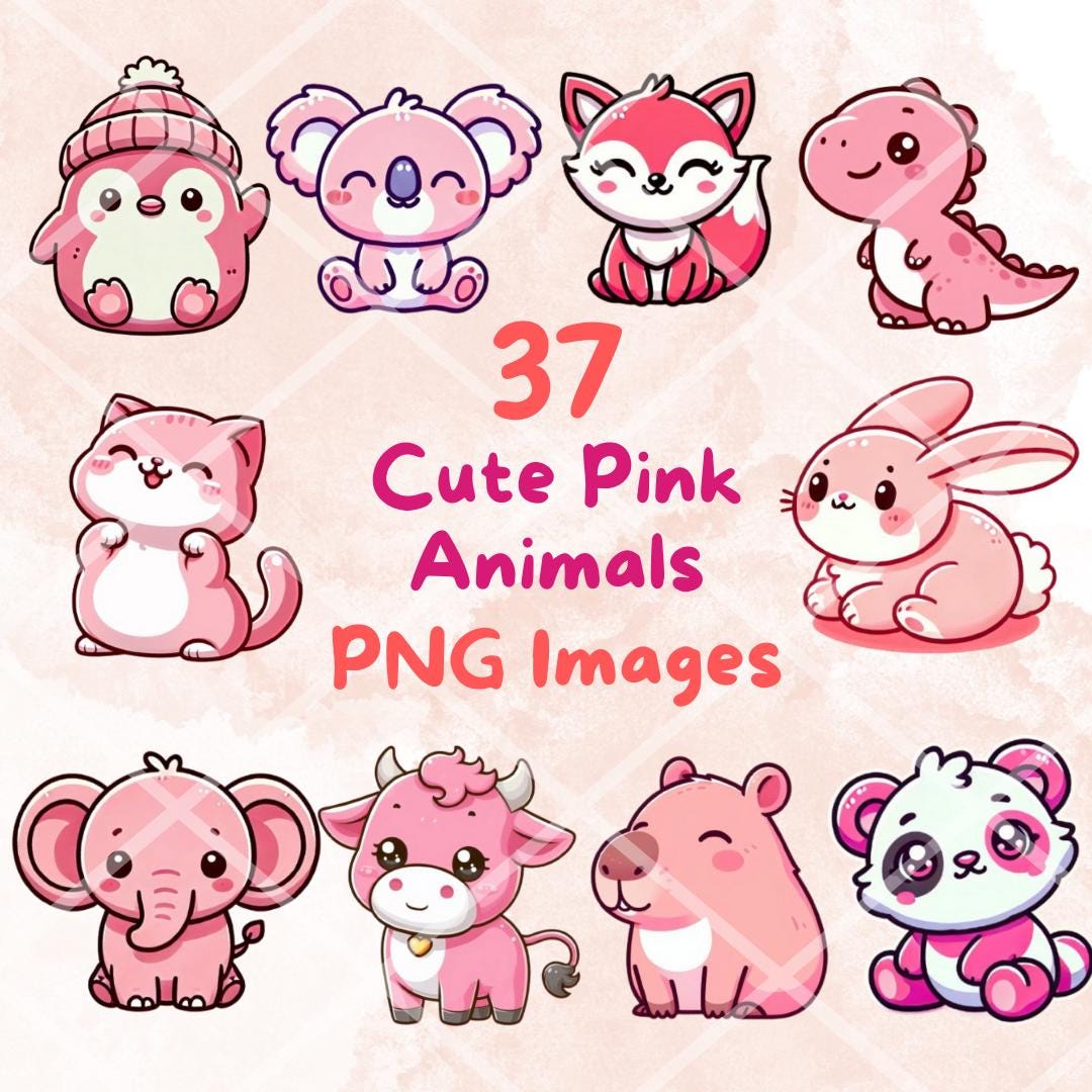 Kawaii Pink Animals Bundle, 37 PNG Clipart, Transparent Background ...