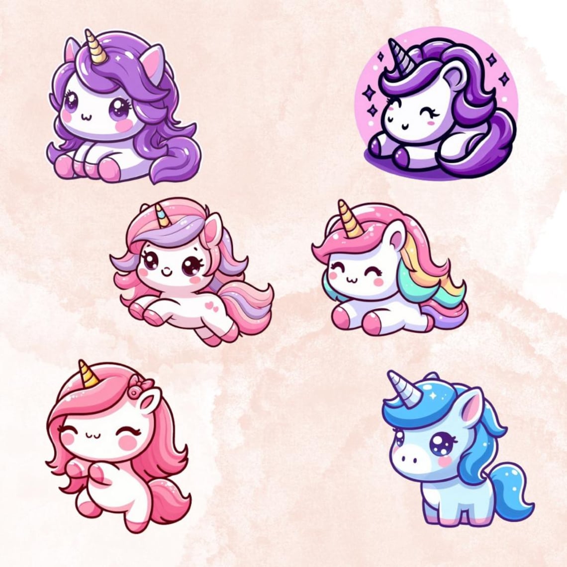 Kawaii Magic Unicorn Bundle, 21pcs PNG Clipart, Transparent Background ...