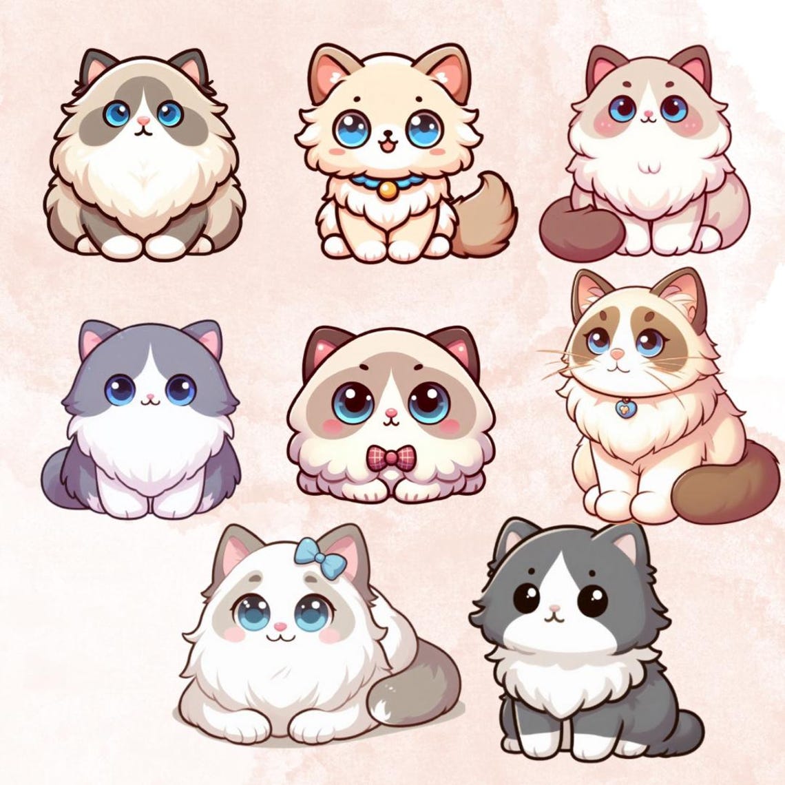 Kawaii Ragdoll Cats Bundle, 25pcs PNG Clipart, Transparent Background ...