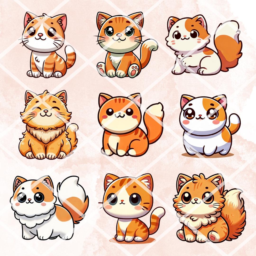 Kawaii Orange Cat Clipart Bundle: 30 PNG Cartoon Kitten Stickers ...