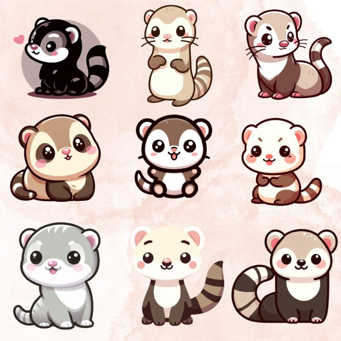 Kawaii Ferret Clipart Bundle, 26 Cute Cartoon PNG Stickers (digital ...