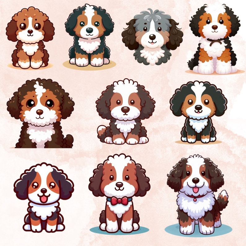Kawaii Bernedoodle Clipart, 28 PNG Cartoon Dog Stickers (digital ...